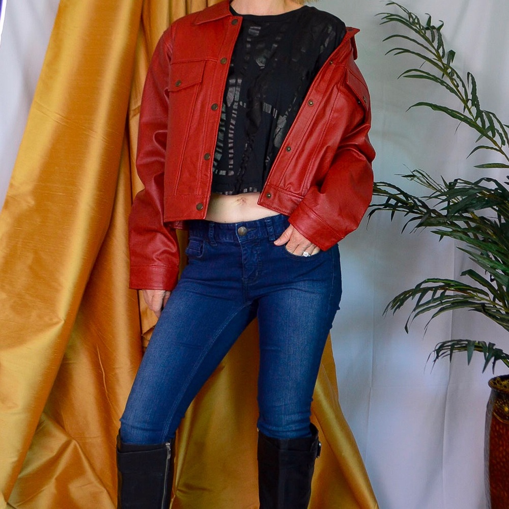 Kc Collections Red Leather Moto Jacket - Small - Gem